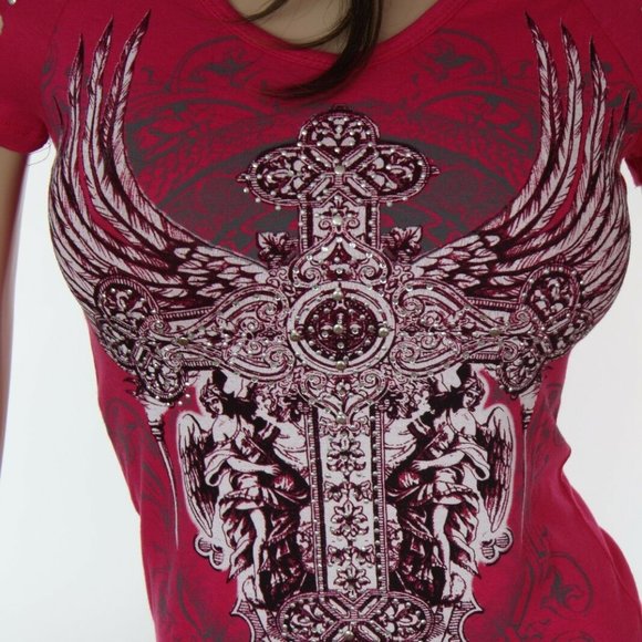 Bling | Tops | Bling Fuchsia Pink Cross Angel Wing Razor Cut Top | Poshmark